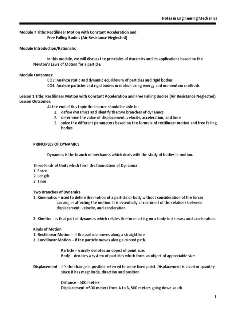 Module 7 Rectilinear Motion And Free Falling Pdf Force Acceleration