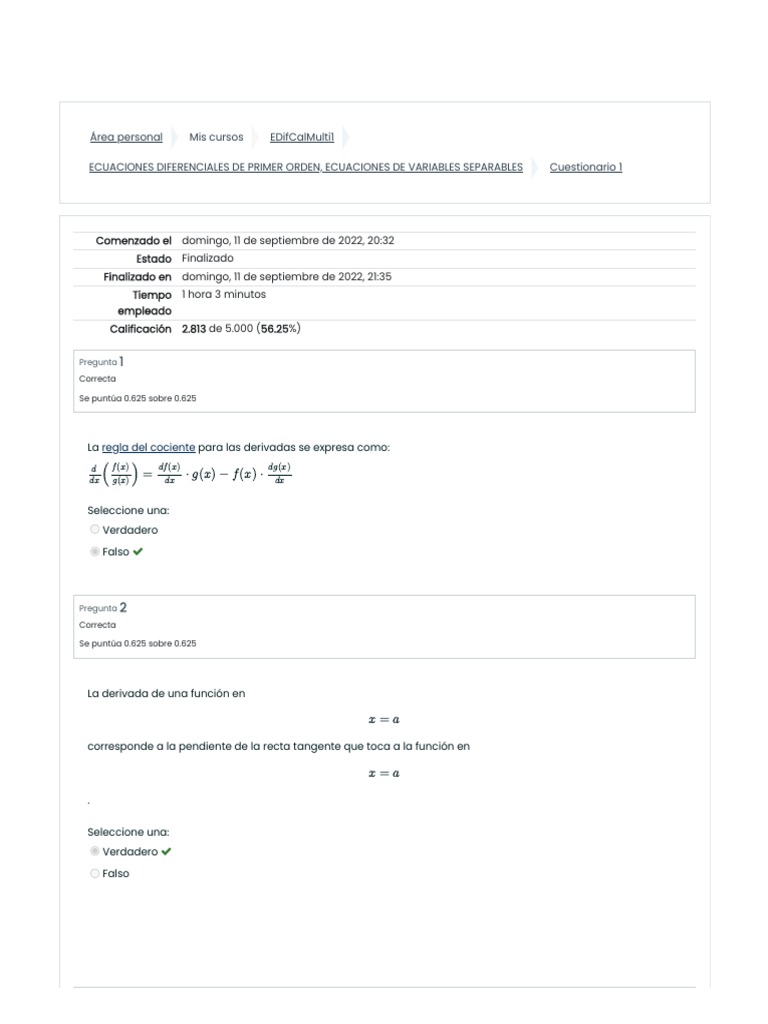 Cuestionario de Ecuaciones Diferenciales | PDF | Derivado | Ecuaciones