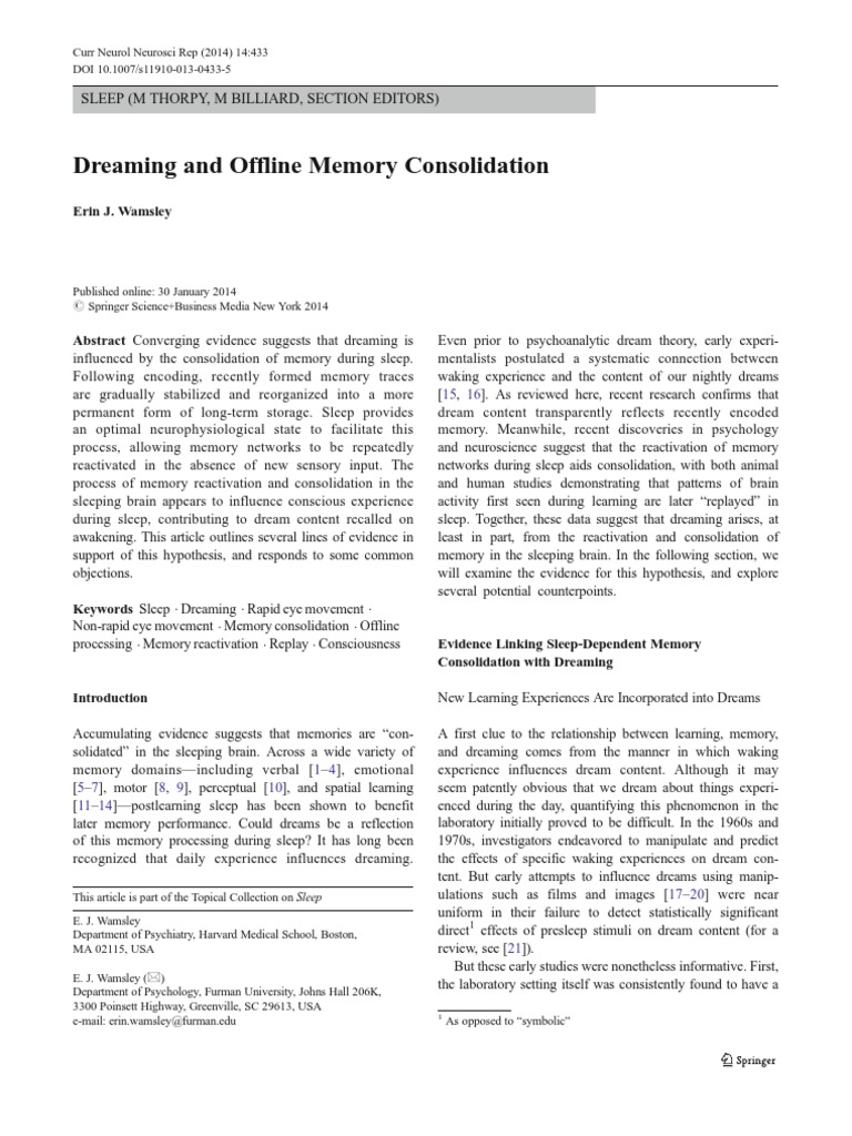Dreaming Memory Consolidation Wamsley 2014 | PDF | Memory | Dream