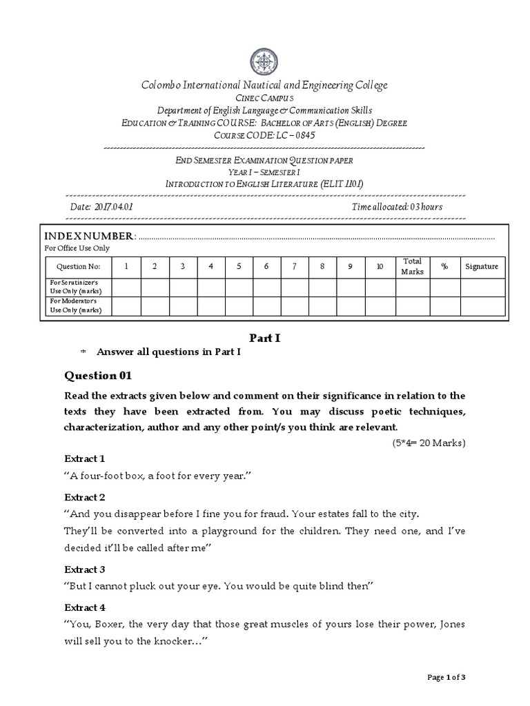 End Semester Examination Question Paper for Introduction to English ...