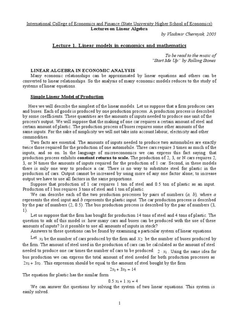 Linear Algebra in Economic Analysis | PDF | Matrix (Mathematics ...