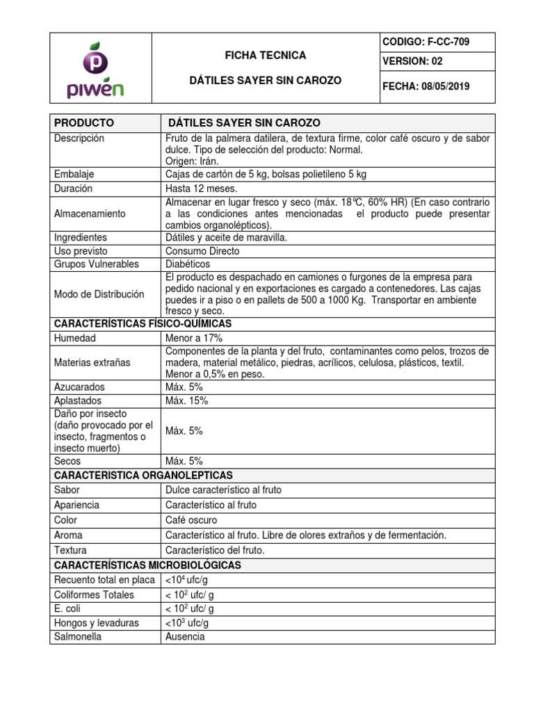 Ficha Tecnica Datil | PDF | Carbohidratos | café