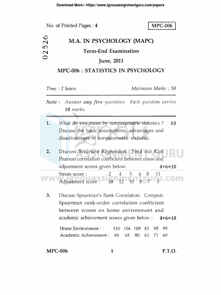 MPC 006 Previous Year Question Papers by | PDF | Statistics | Analysis Of Variance
