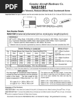 NAS1102 Series Specifications: Screw, Machine Flat 100° Head Full ...