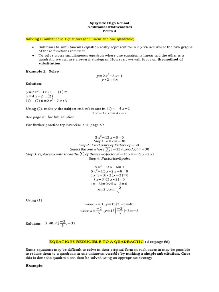 Simultaneous Ed With Quadratic and Linear | PDF | Quadratic Equation ...