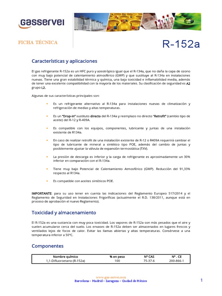 Ficha Tecnica R 152a Gas Servei Sa | PDF | Lubricante | Gases