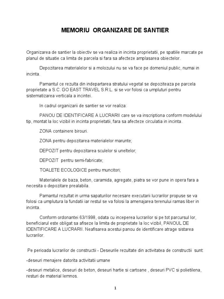 Memoriu Organizare de Santier | PDF