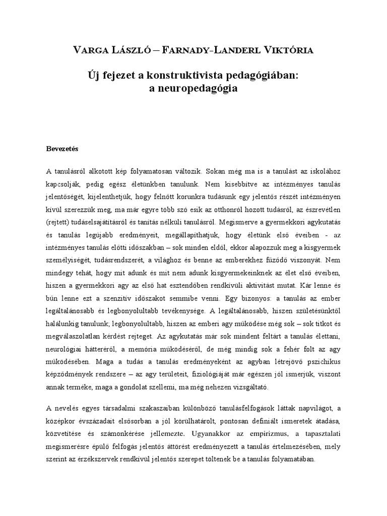 Varga Farnady-Landerl Uj Fejezet A Konstruktivista Pedagogiaban | PDF