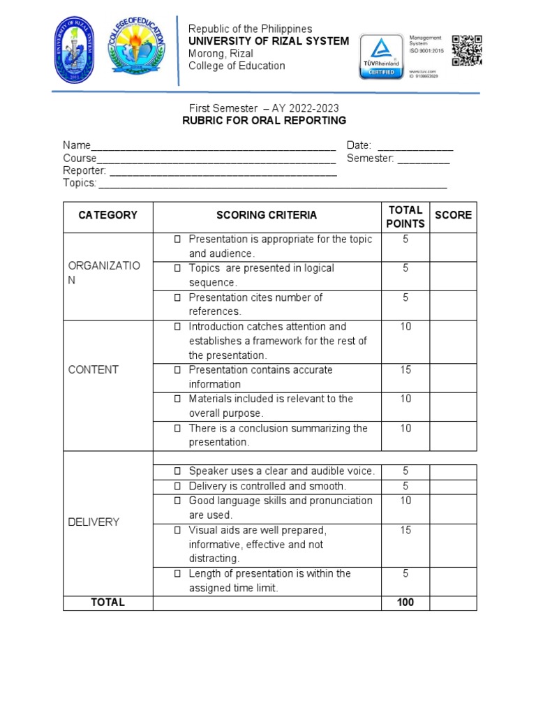 Rubric in Oral Reporting | PDF