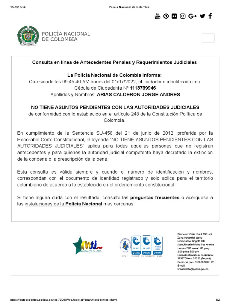 Policía Nacional de Colombia | PDF | Colombia | Justicia