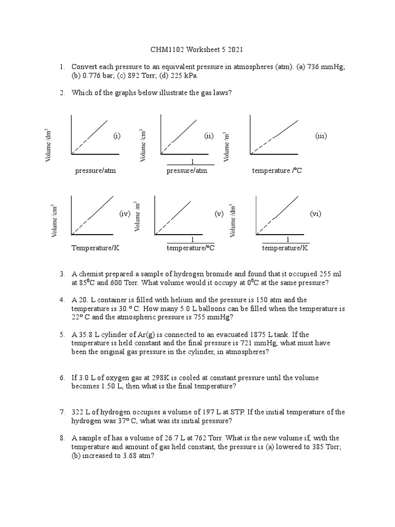 CHM 1102 Worksheet 5 2022 | PDF | Gases | Pressure