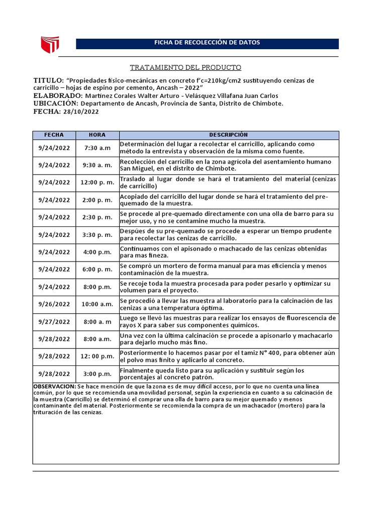Ficha de Recoleccion de Datos FINAL | PDF | Hormigón | Materiales