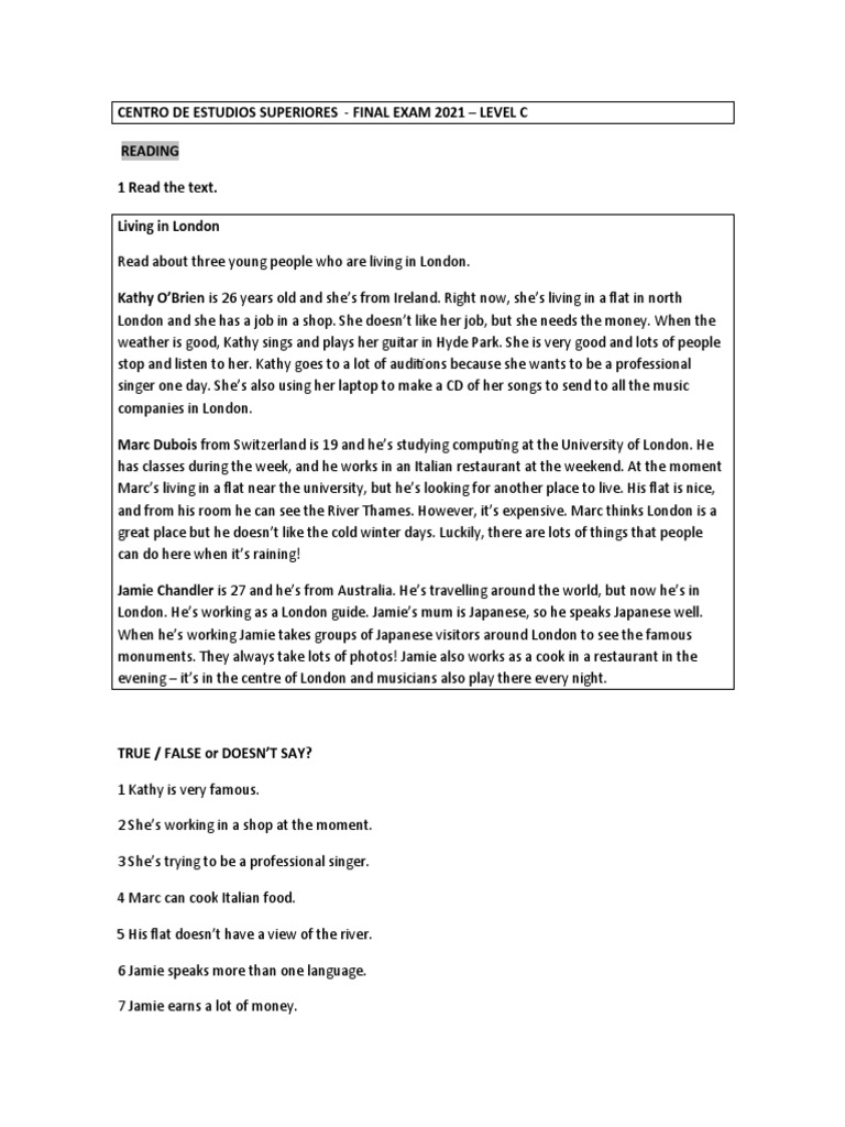 Level C Final Exam 2021: Reading & Grammar | PDF | Linguistics