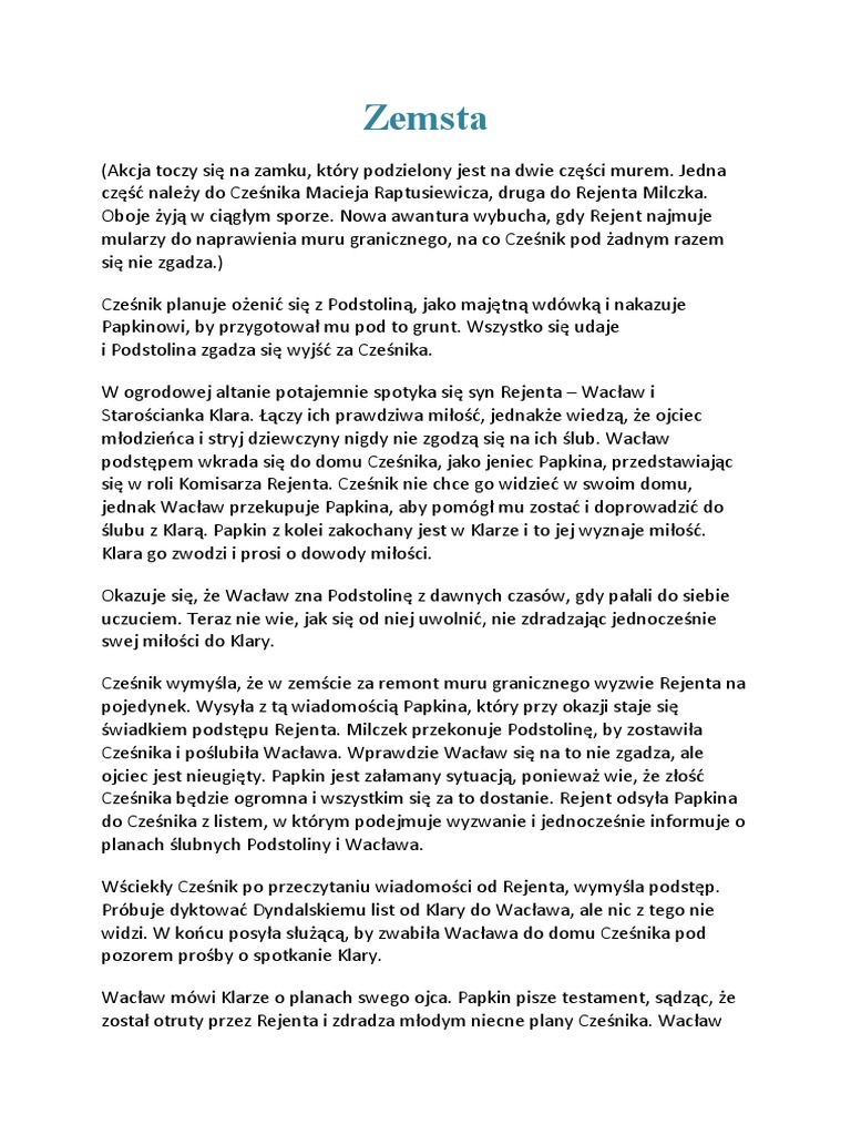 Zemsta - Streszczenie | PDF