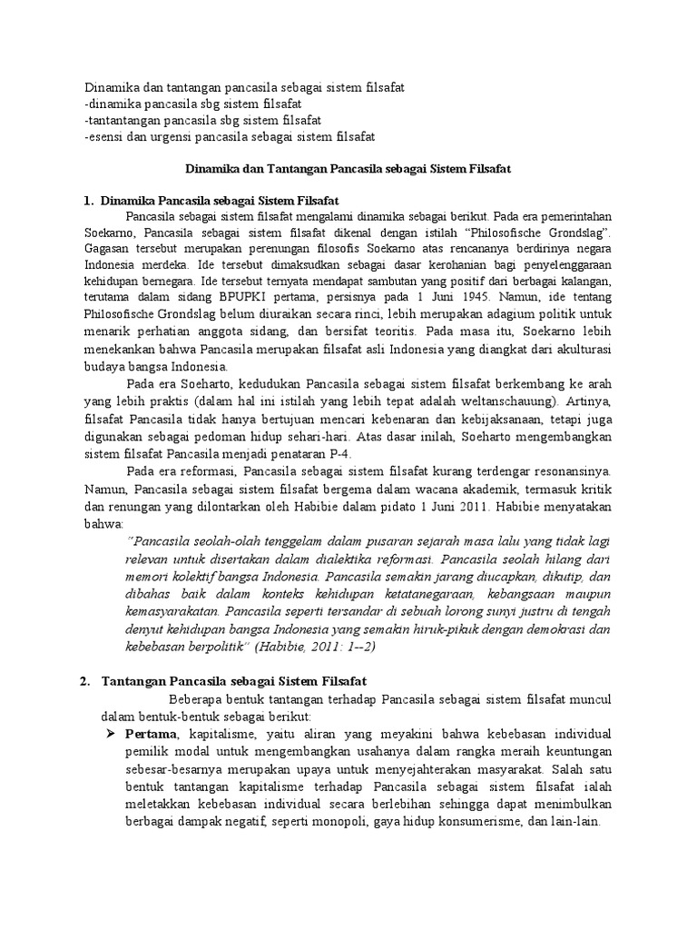 Dinamika Dan Tantangan Pancasila Sebagai Sistem Filsafat | PDF