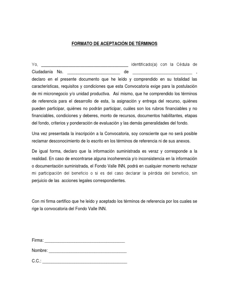 FORMATO DE ACEPTACIÓN DE TÉRMINOS | PDF
