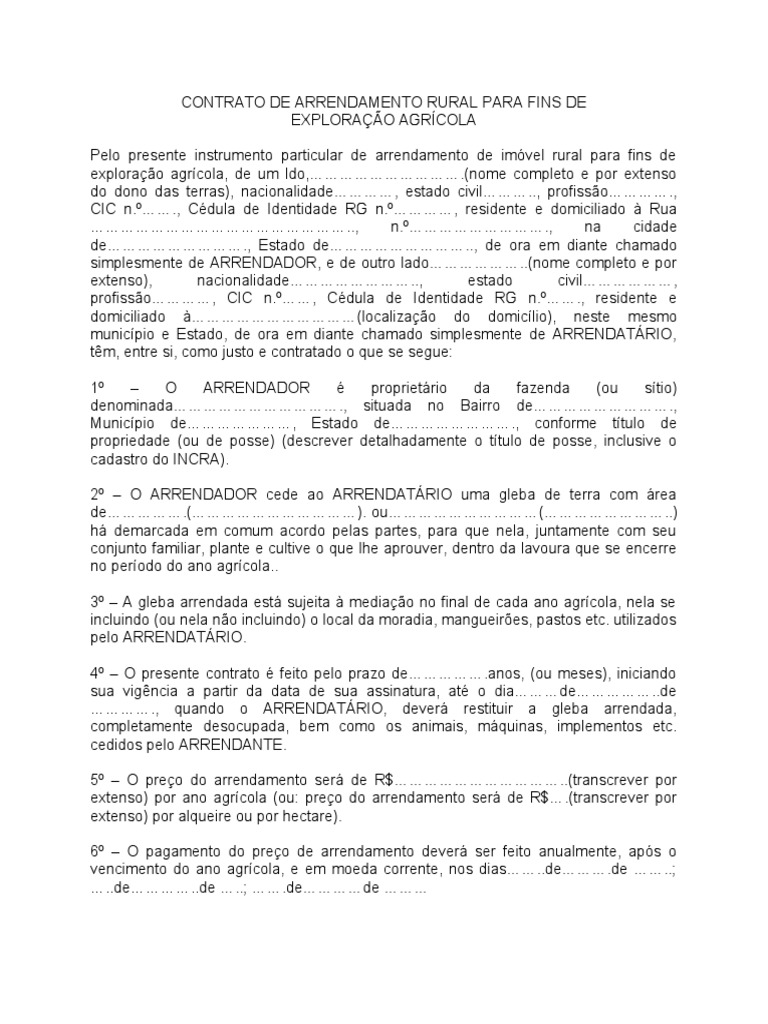 Modelo 3 Contrato De Arrendamento Rural Para Fins De Pdf Leasing