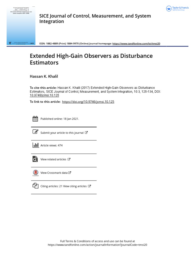 Extended High Gain Observers As Disturbance Estimators | PDF | Control Theory | Dynamical System
