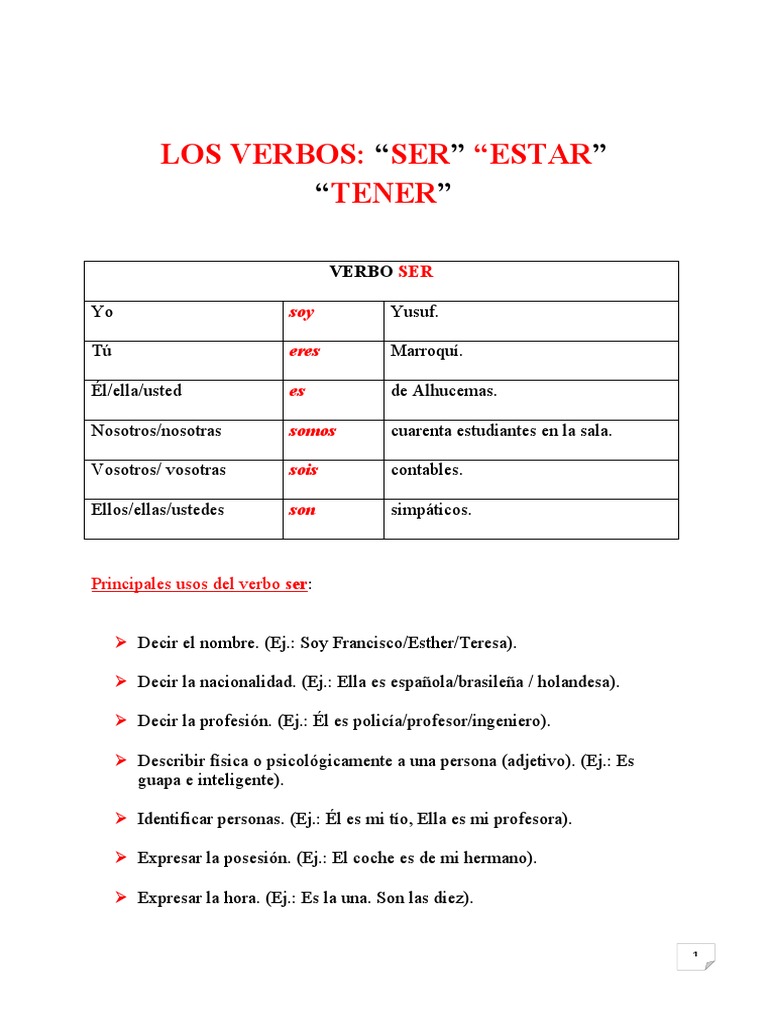 Los Verbos. Ser - Estar - Tener | PDF