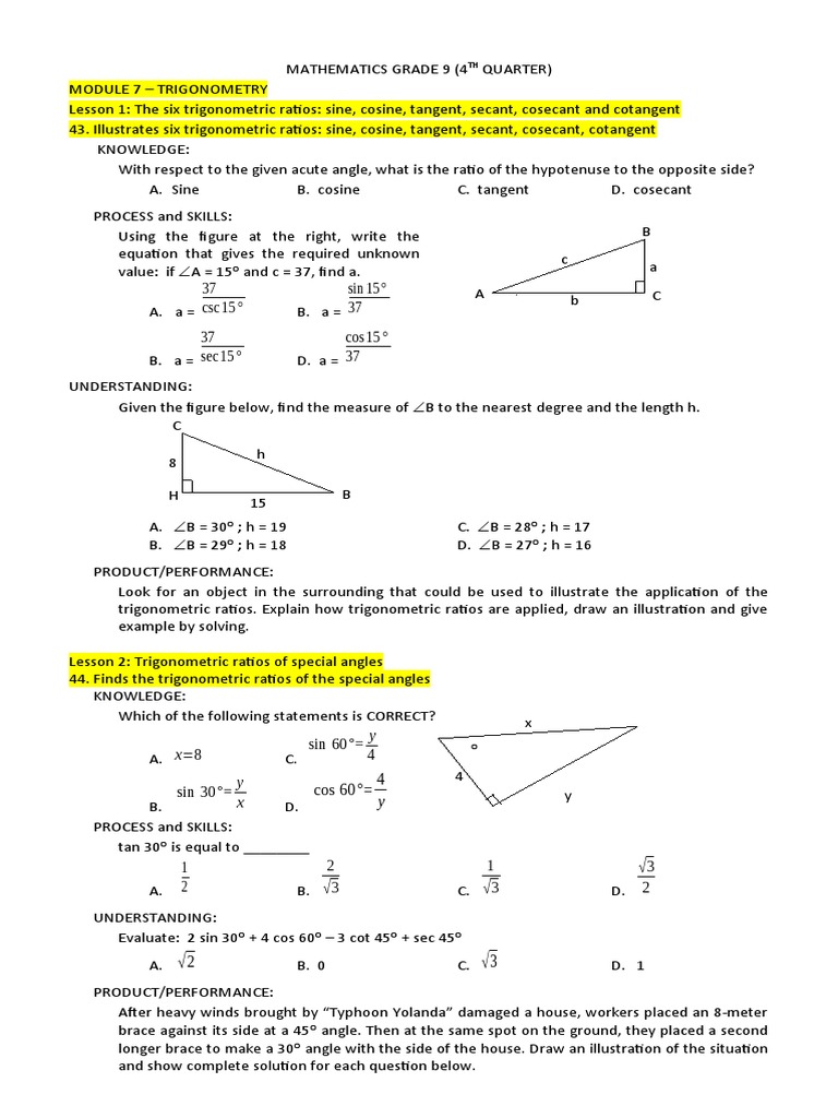 4TH Quarter Grade 9 | PDF | Trigonometric Functions | Trigonometry
