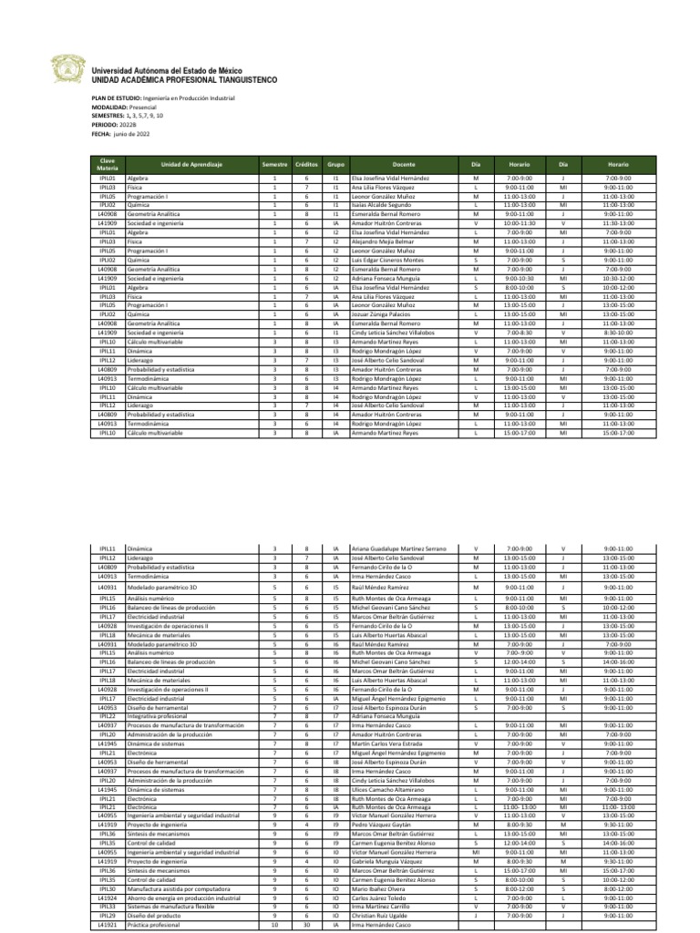 Horarios de Ipi 2022B | PDF | Ingeniería | Science