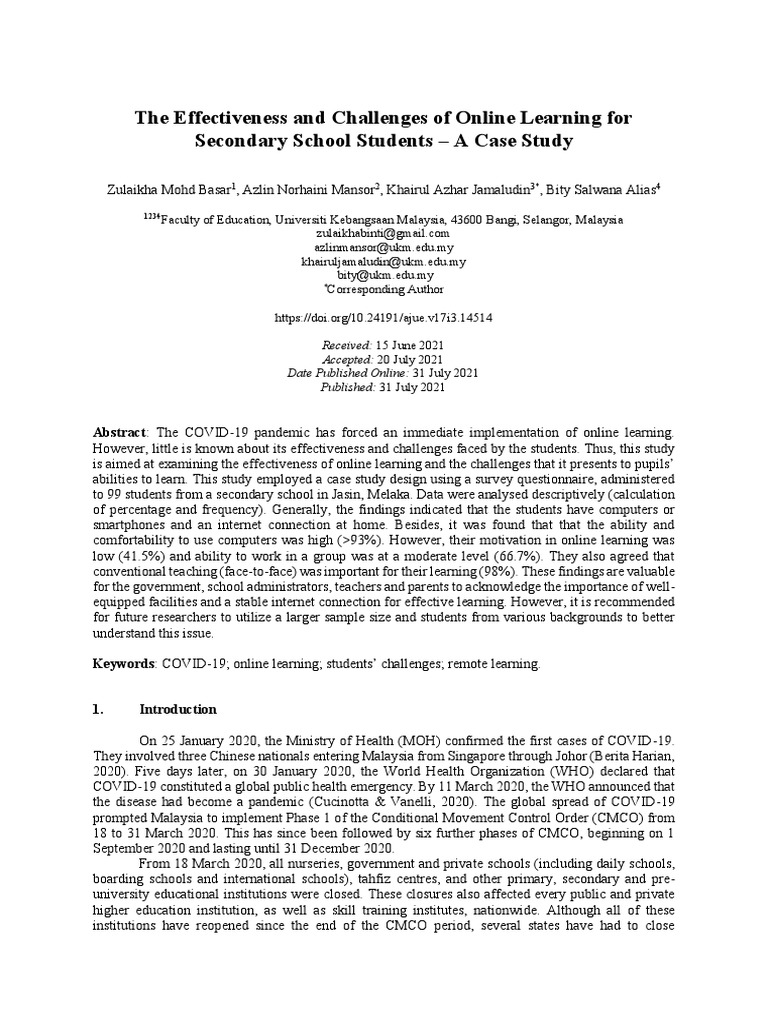 The Effectiveness and Challenges of Online Learning For Secondary ...