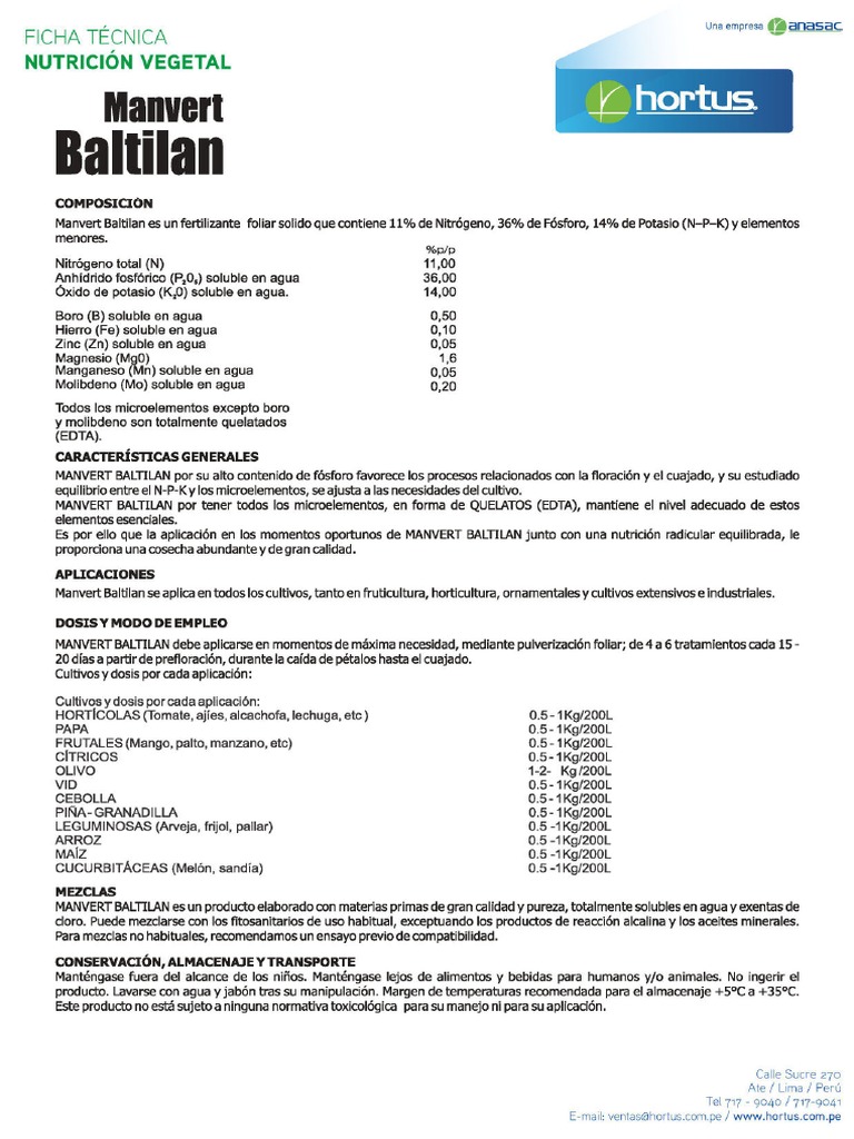 Fertilizante Foliar Manvert Baltilan NPK | PDF | Molibdeno | Agua