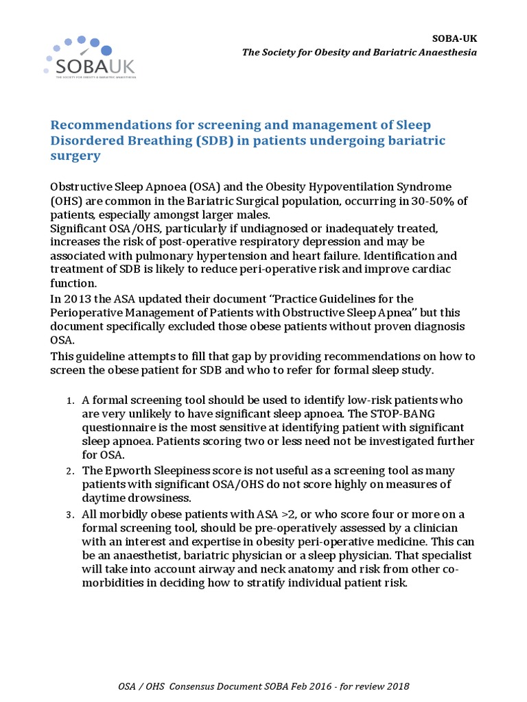 SOBA OSA Guideline 2016 | Download Free PDF | Sleep Apnea | Animal ...