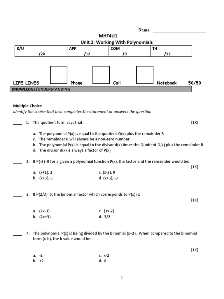 Test 2 Working With Polynomials | PDF | Factorization | Polynomial