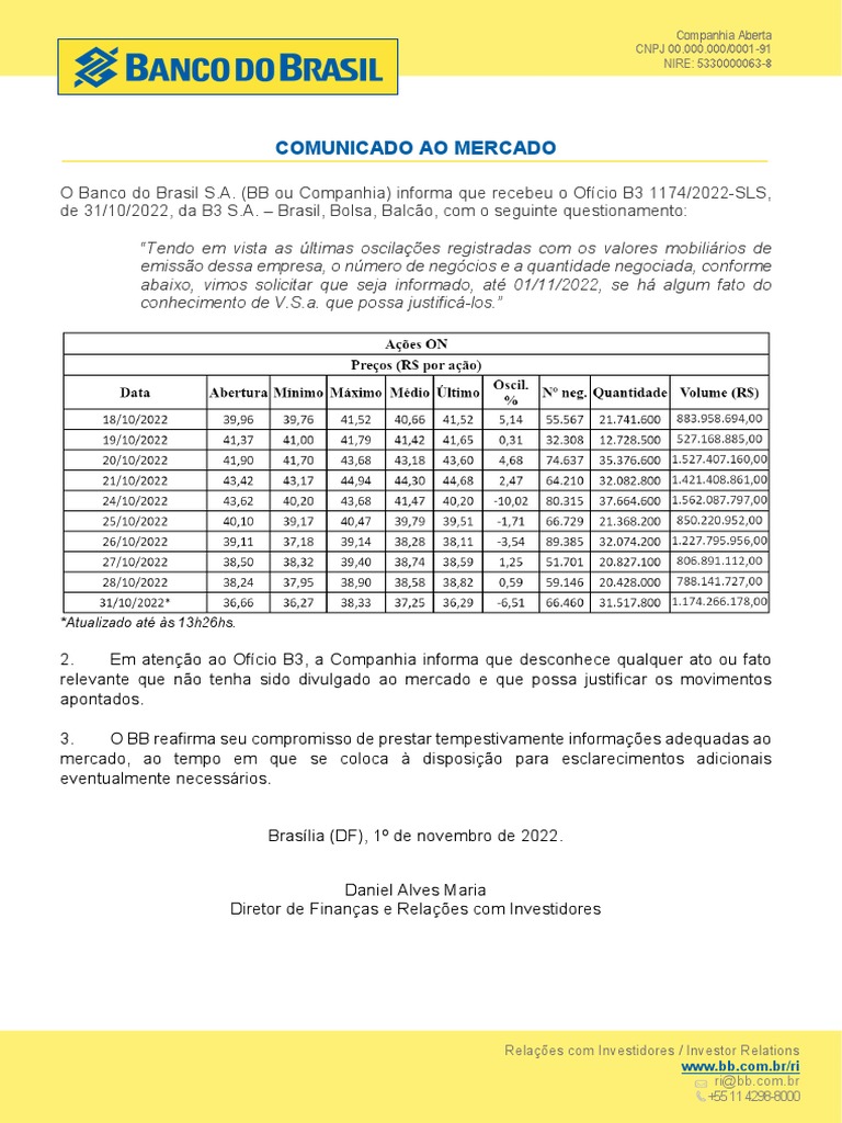 Comunicado Ao Mercado: Companhia Aberta CNPJ 00.000.000/0001-91 NIRE ...