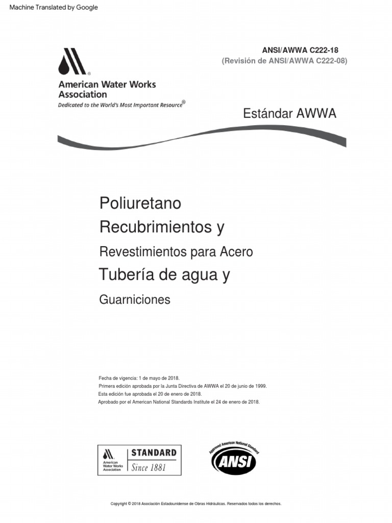 STD - Awwa c222-18 - Revestimientos de Tuberia | PDF | Agua | Revestimiento