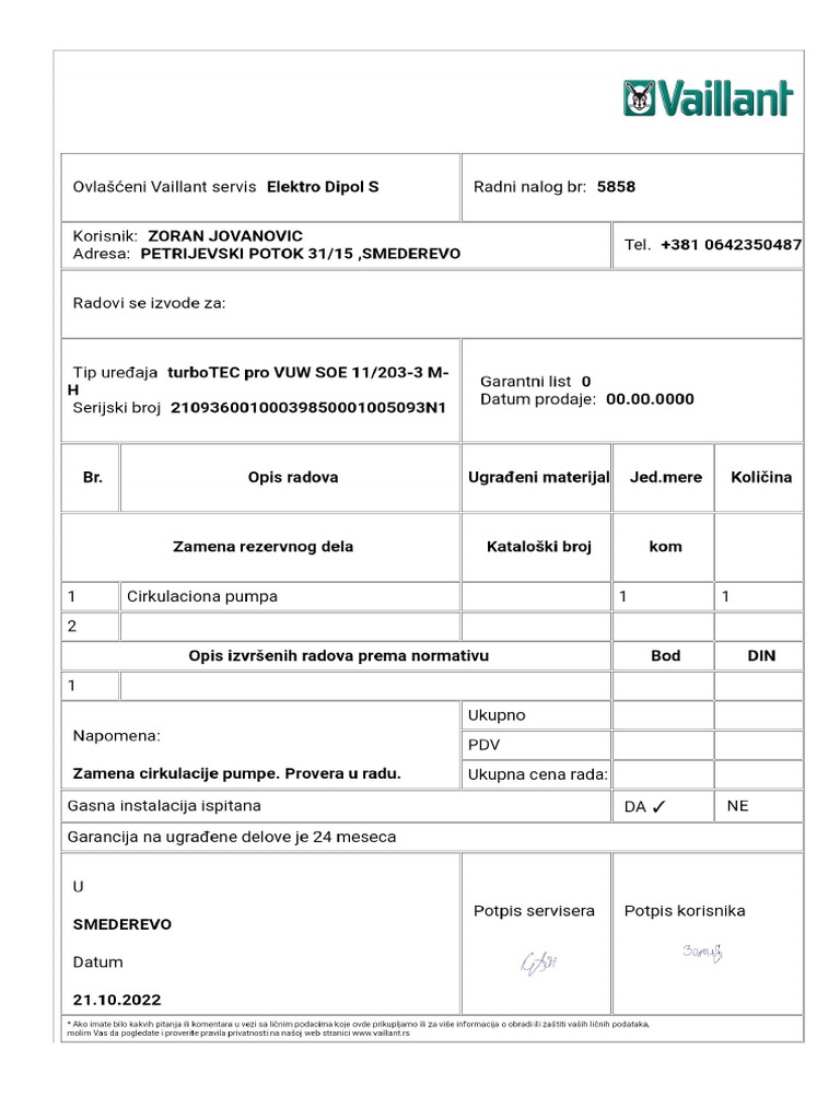 Elektro Dipol S Radni Nalog | PDF
