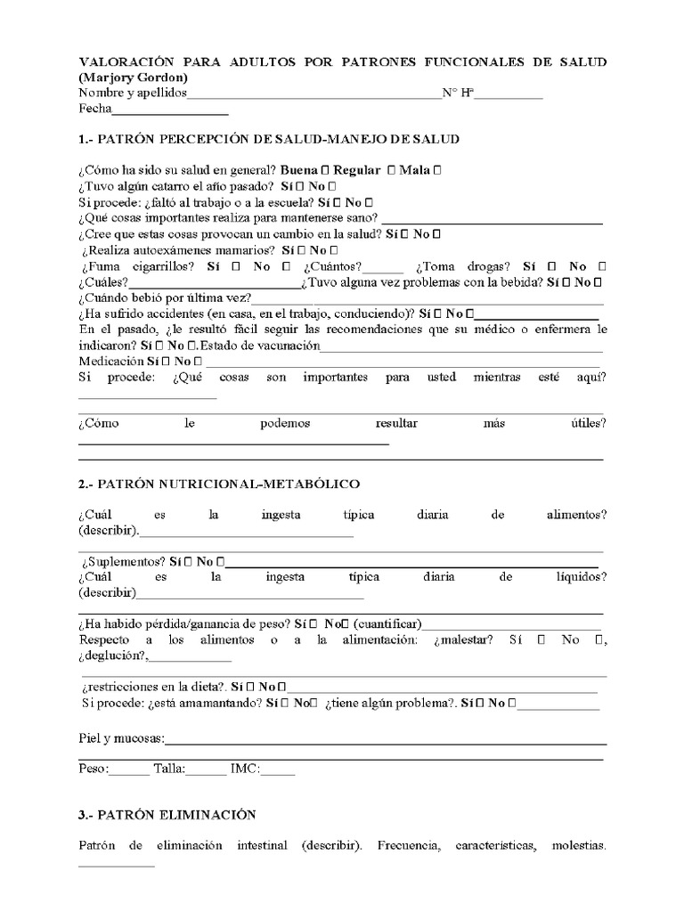 VALORACIÓN PARA ADULTOS POR PATRONES ... (Marjory Gordon) 1. - PATRÓN PERCEPCIÓN DE SALUD-MANEJO ...