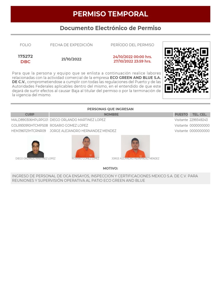 Permiso Temporal: Documento Electrónico de Permiso | PDF