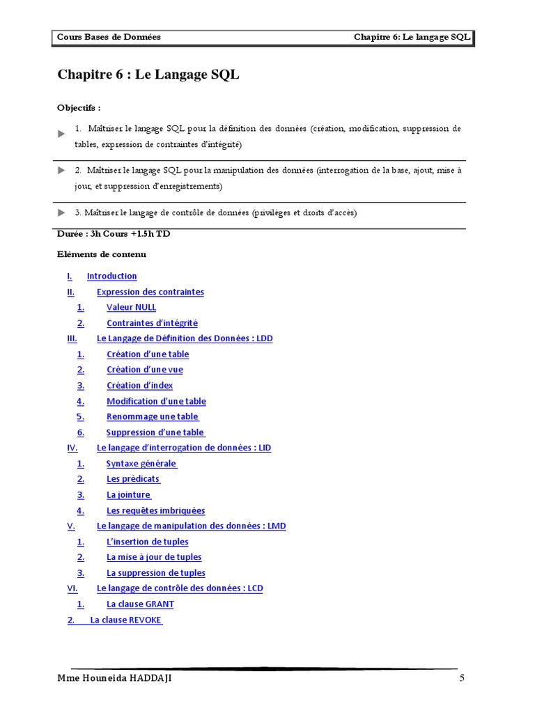 Chapitre 6 Le Langage SQL | PDF | SQL | Bases de données