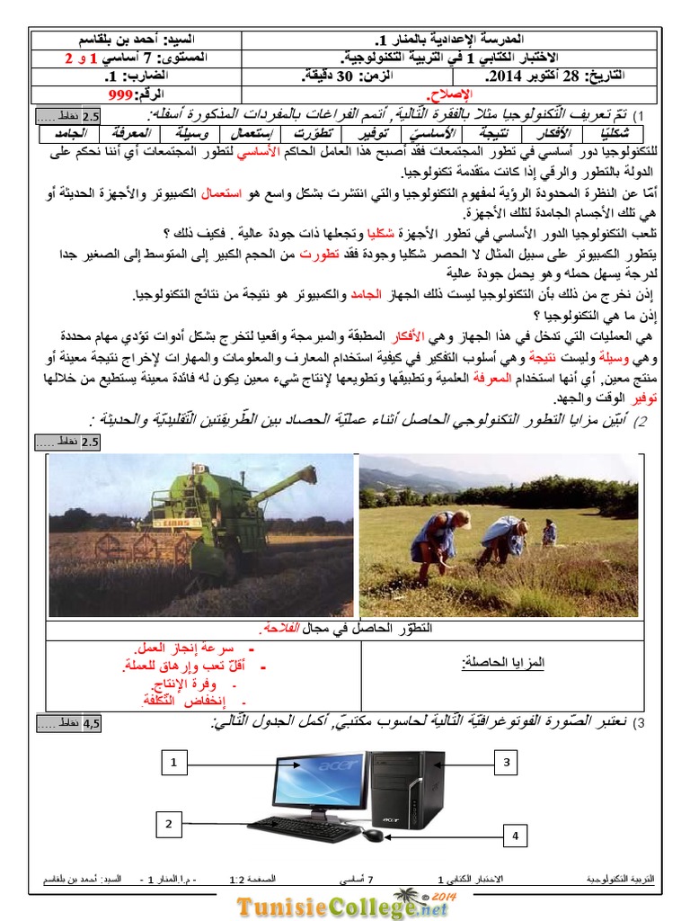 Devoir Corrigé de Contrôle N°1 - Technologie - 7ème (2014-2015) شافطة ...