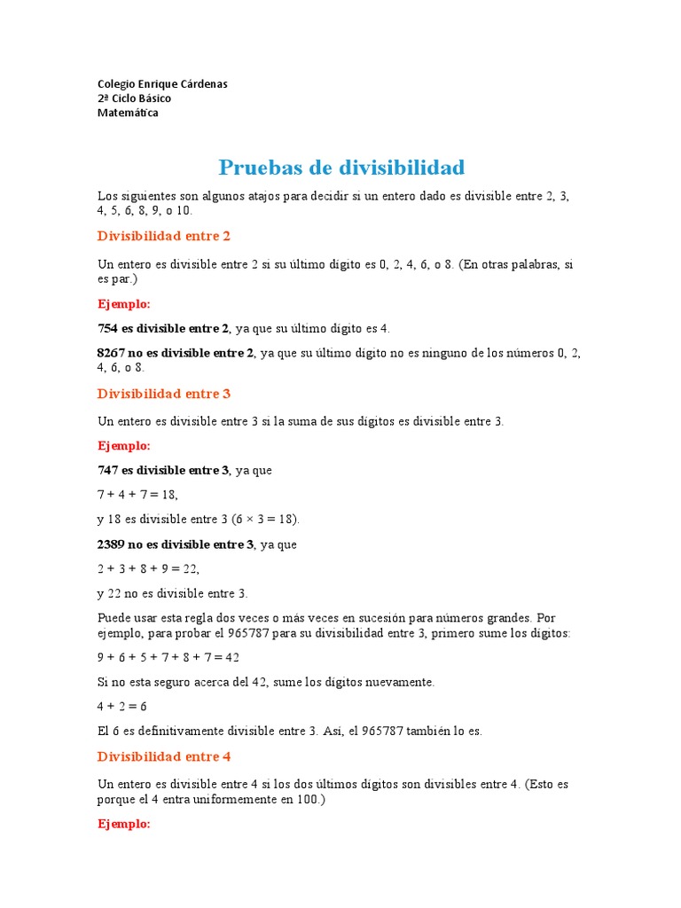 Apunte Reglas de Divisibilidad | PDF | Matemática Elemental | Teoría de ...