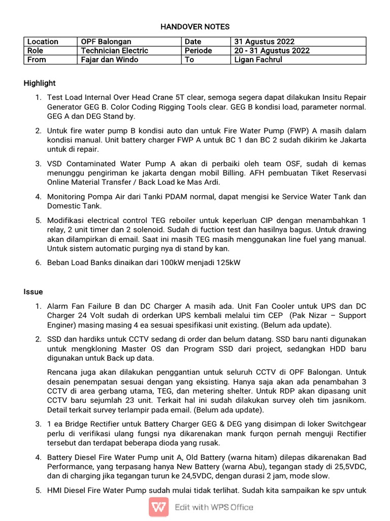 HANDOVER NOTES | PDF