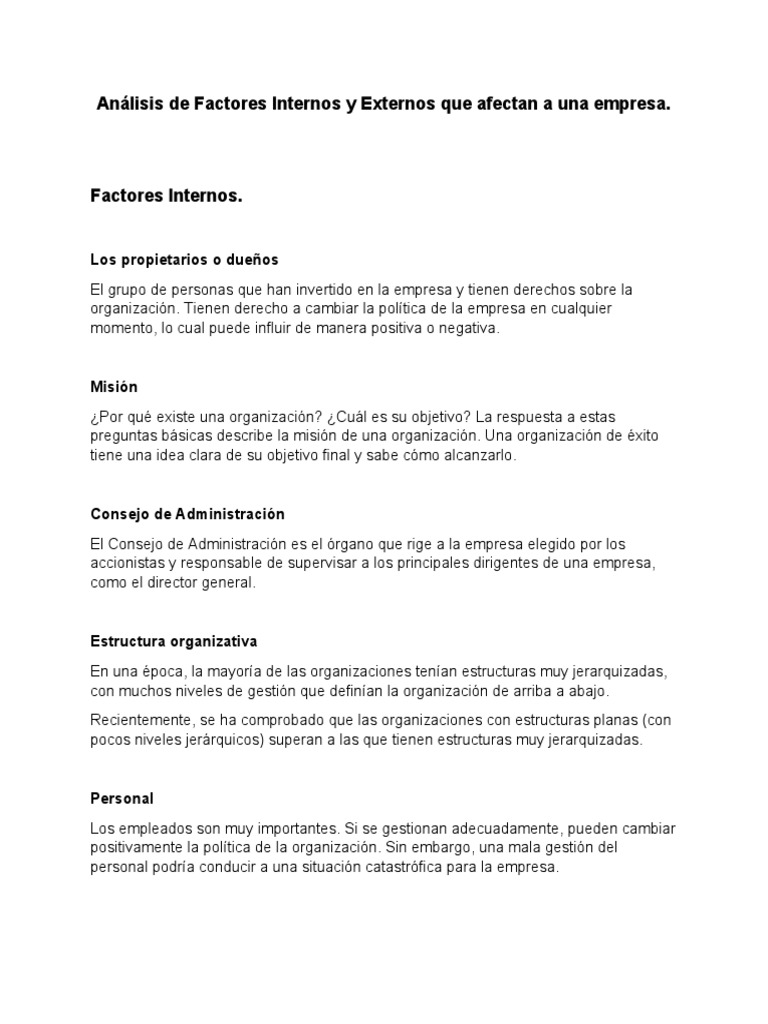 Análisis de Factores Internos y Externos Que Afectan A Una Empresa ...