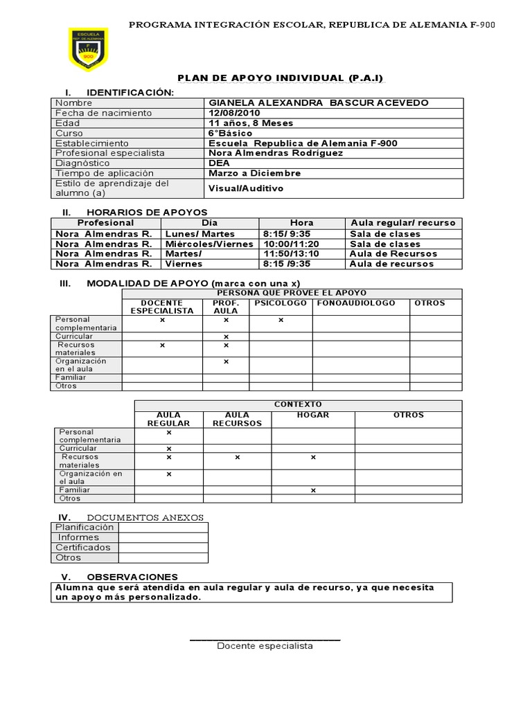 Pai - Paci - Gianela Bascur 6º | PDF | Evaluación | Maestros