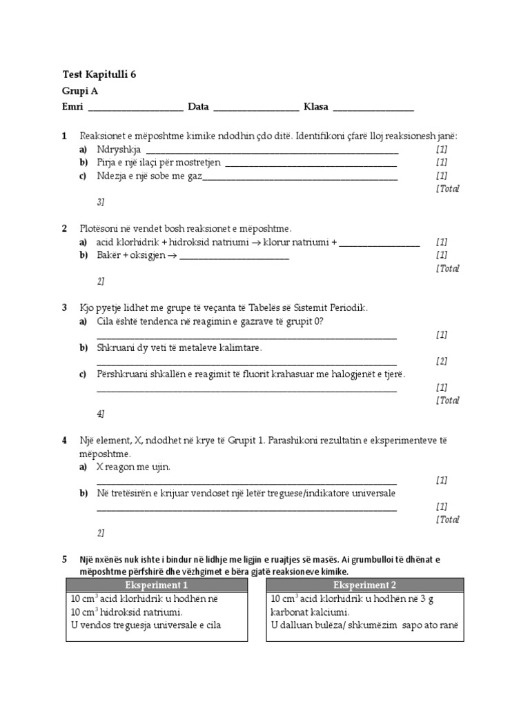 Teste Kapitulli 6 Kimia 8 | PDF