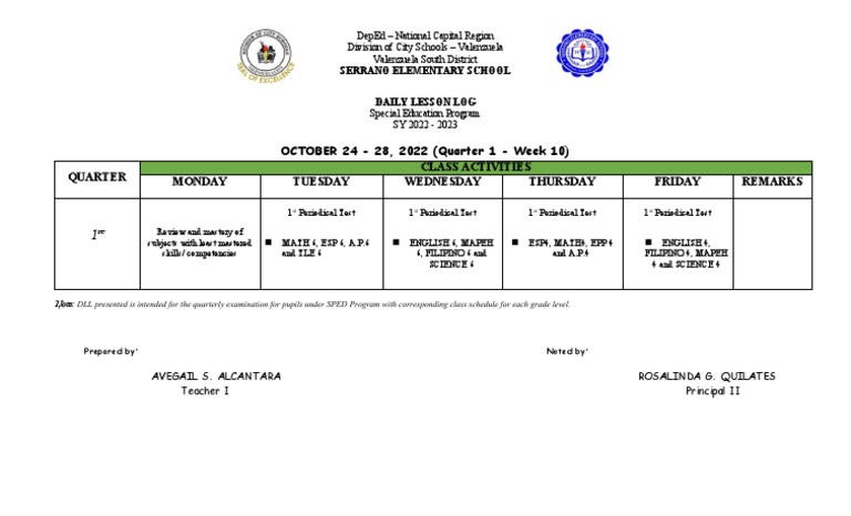 DAILY LESSON LOG - WEEK 10 - Periodical Test | PDF | Educational ...