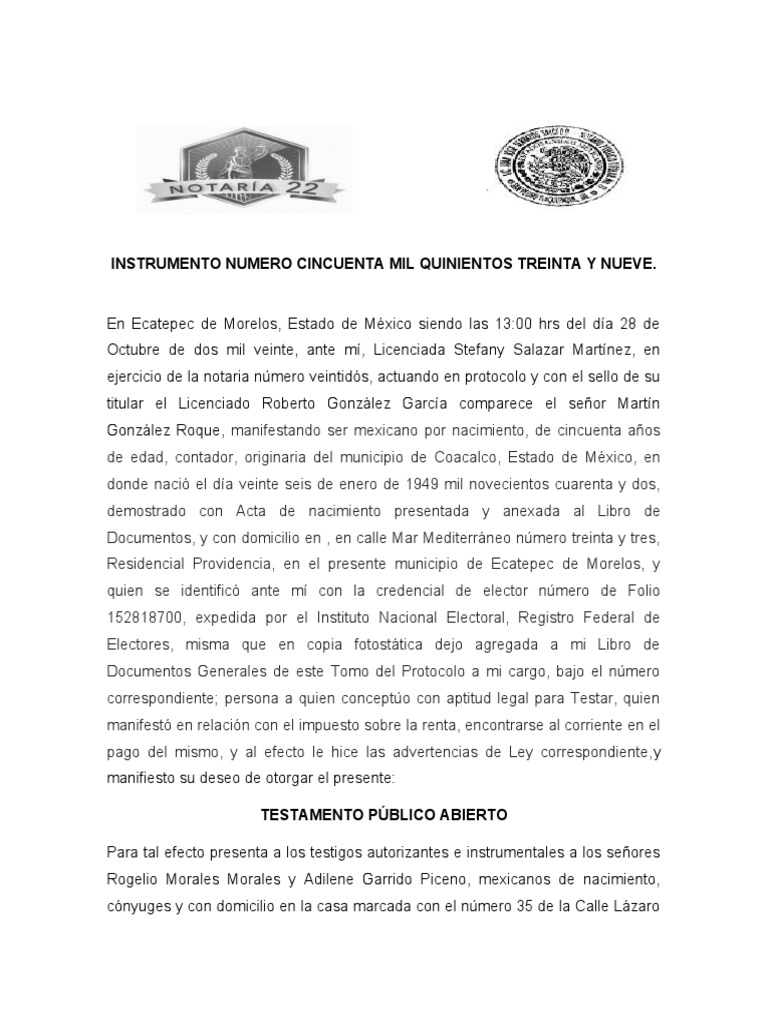 Testamento de Notarial | PDF | Voluntad y testamento | Ley común