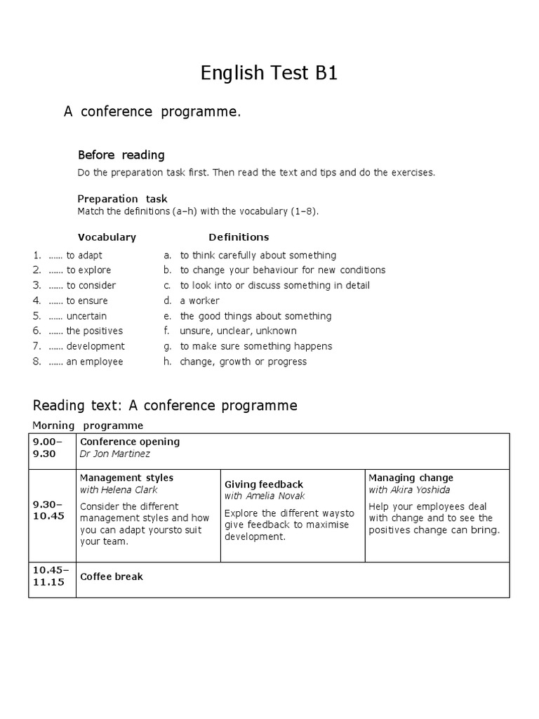 English Test B1: A Conference Programme | PDF | Behavioural Sciences ...