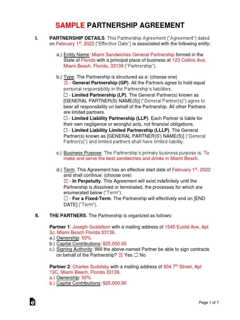 SAMPLE Partnership Agreement | PDF | Partnership | Indemnity