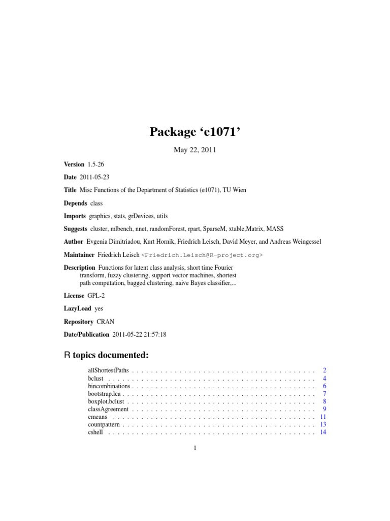 Package E1071': R Topics Documented | PDF | Cluster Analysis | Matrix (Mathematics)