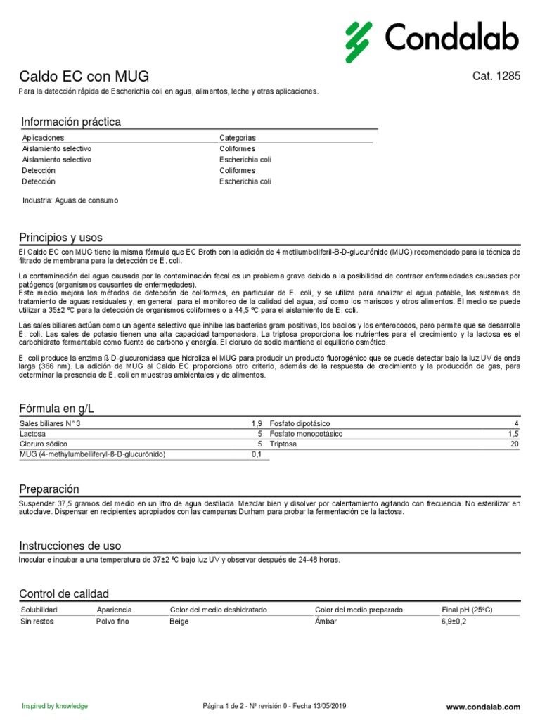 Caldo EC-MUG-NMP Coliformes Fecales-Confirmativa | PDF | Escherichia coli | Química