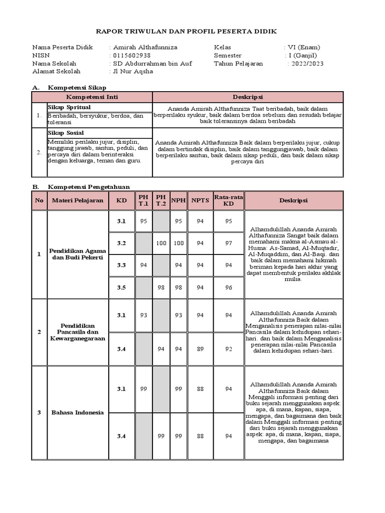Rapor k.13 PTS Format Baru KLS VI-1 | PDF