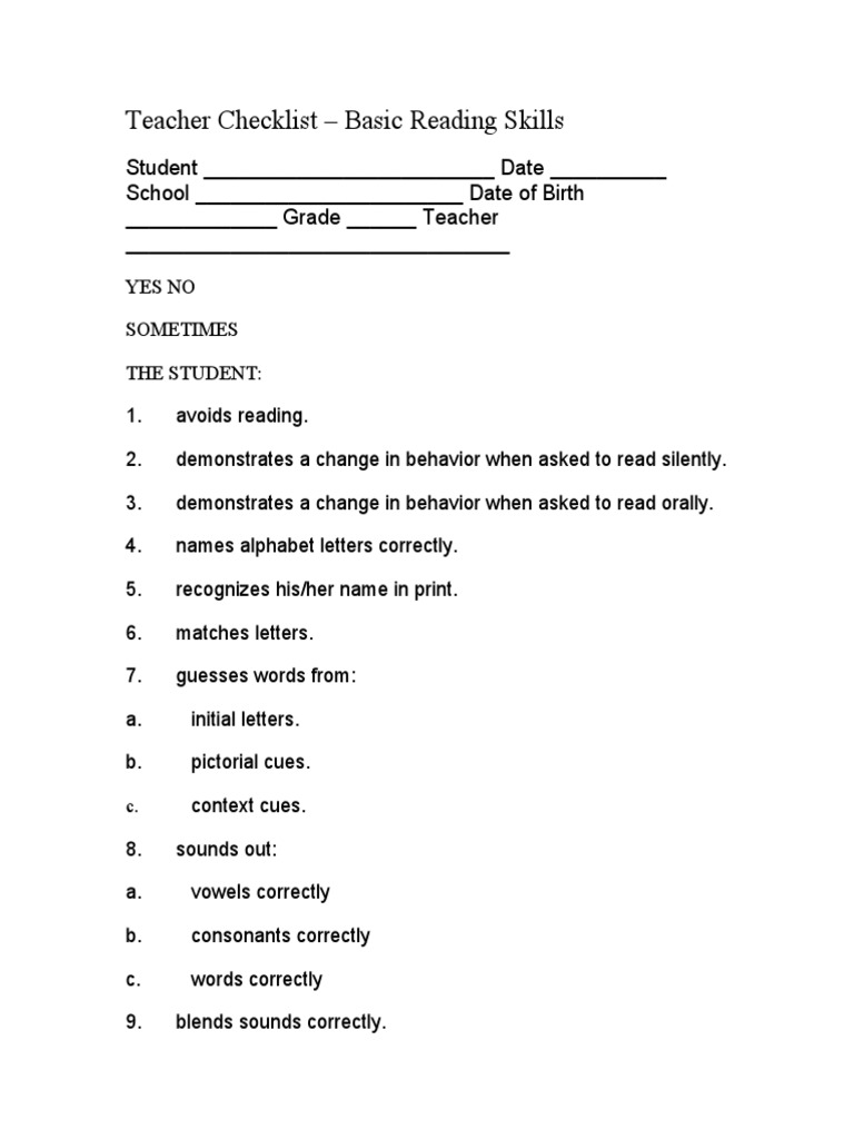 Teacher Checklist for Reading Skills | PDF | Question | Mathematics