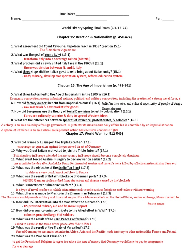 Spring Final Exam Study Guide CH. 15-24 With Answers | PDF | World War ...